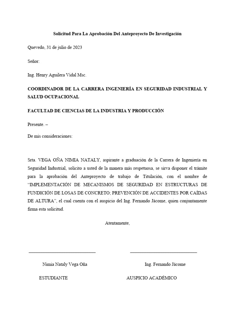 Final Anteproyecto Con Solicitud | PDF | Hormigón | Riesgo