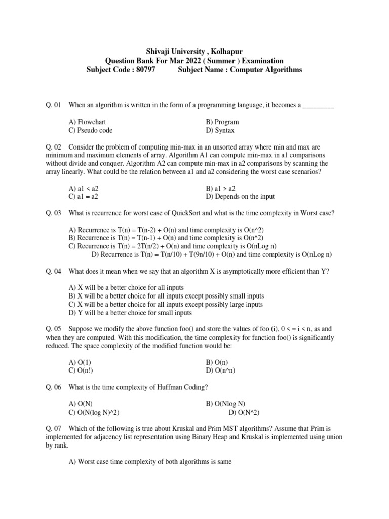 CA Question Bank | PDF | Time Complexity | Dynamic Programming