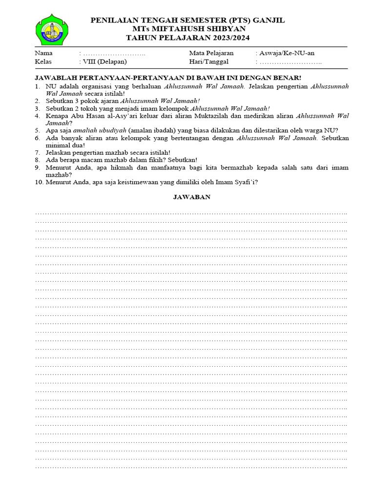 Soal PTS Aswaja 8 | PDF