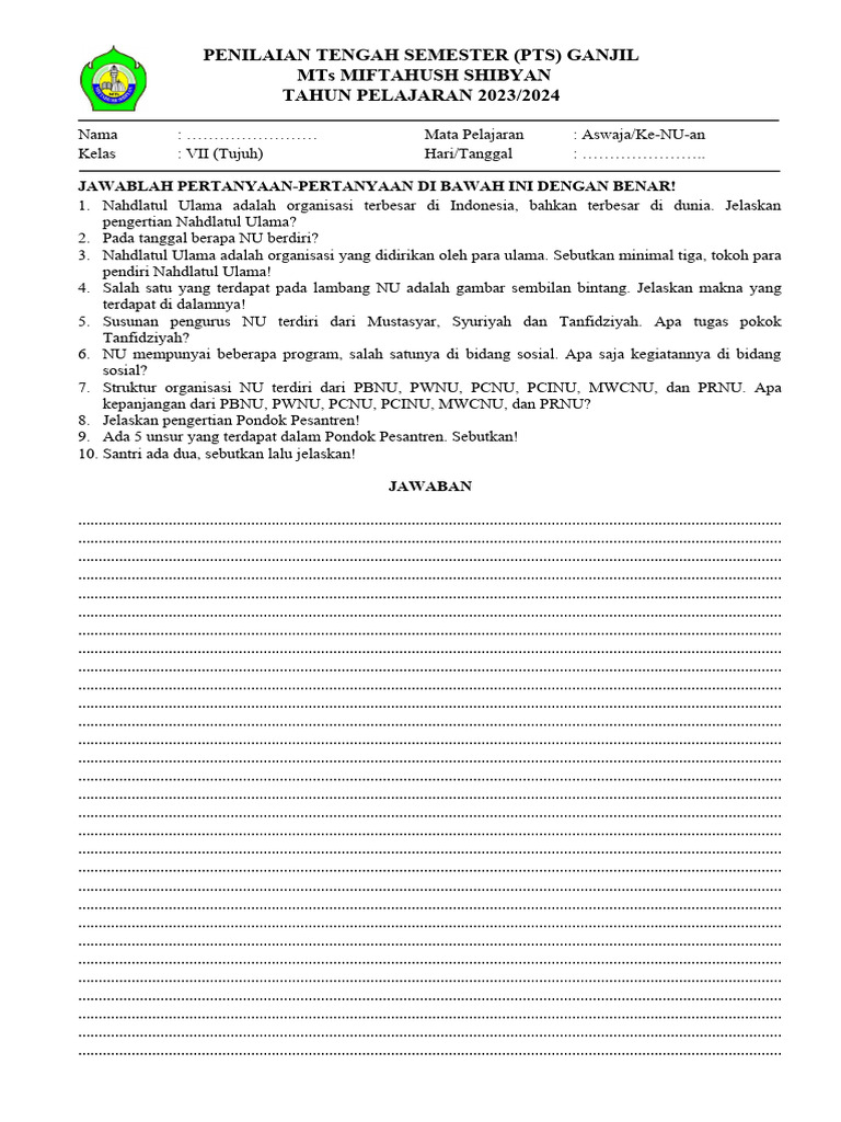 Soal PTS Aswaja 7 | PDF