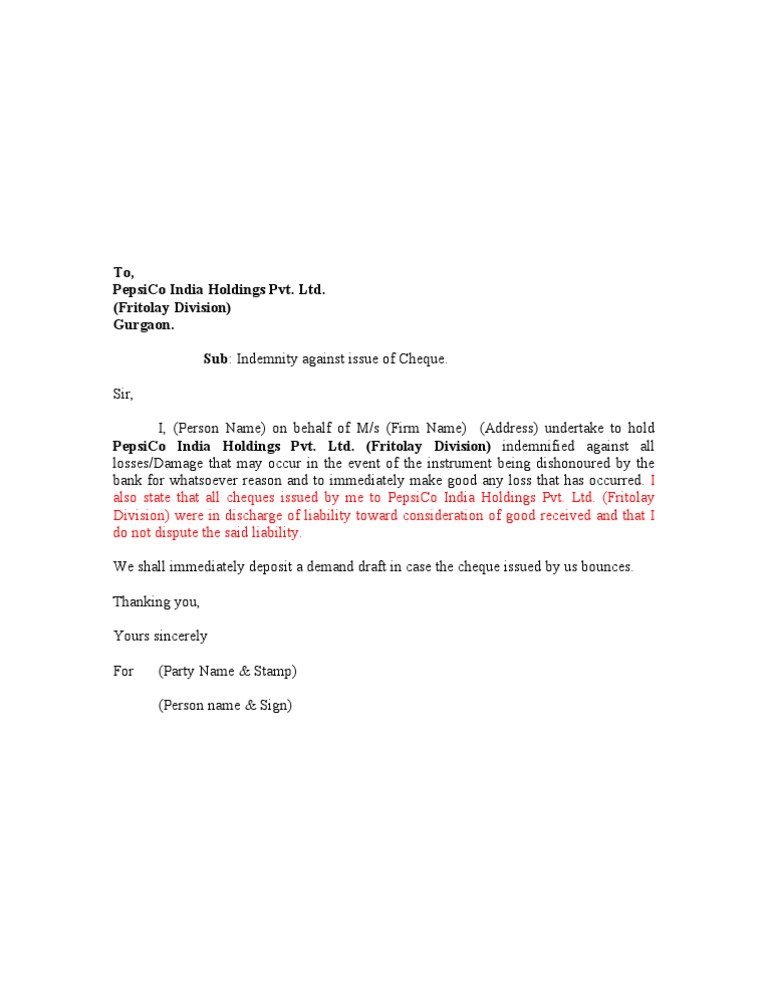 Indemnity Agreement for Cheque Issuance | PDF