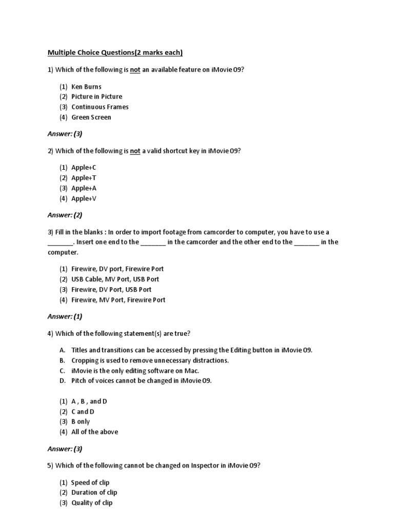 Multiple Choice Questions (2 Marks Each) : Answer | PDF