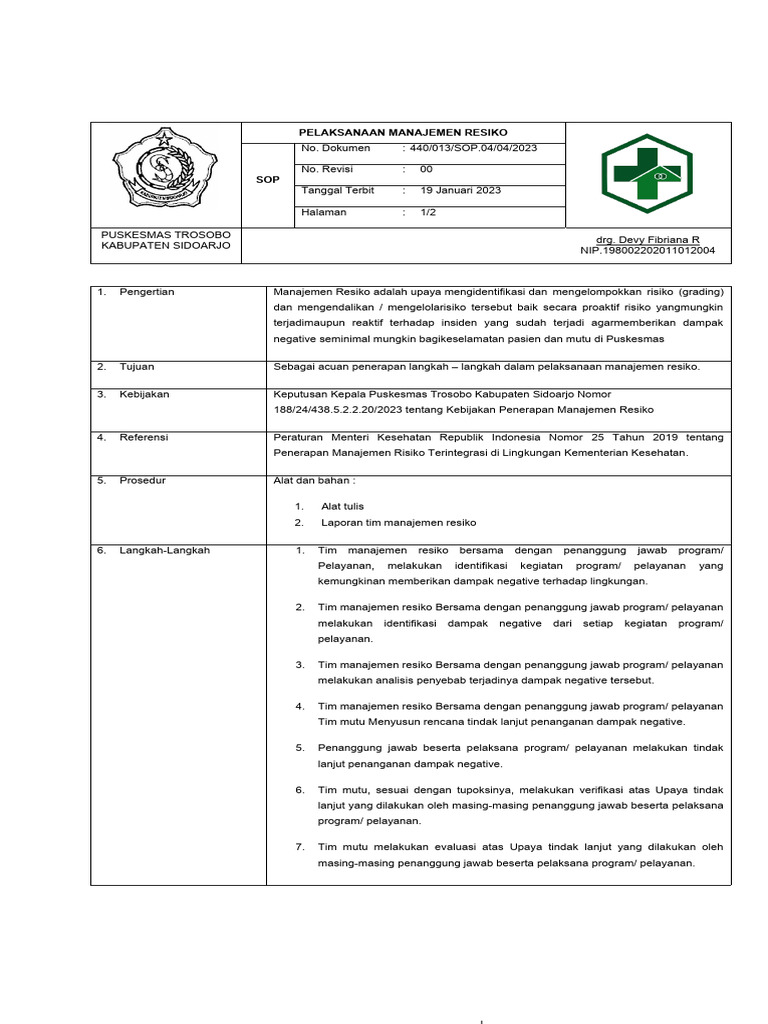 SOP Pelaksanaan Manajemen Resiko | PDF