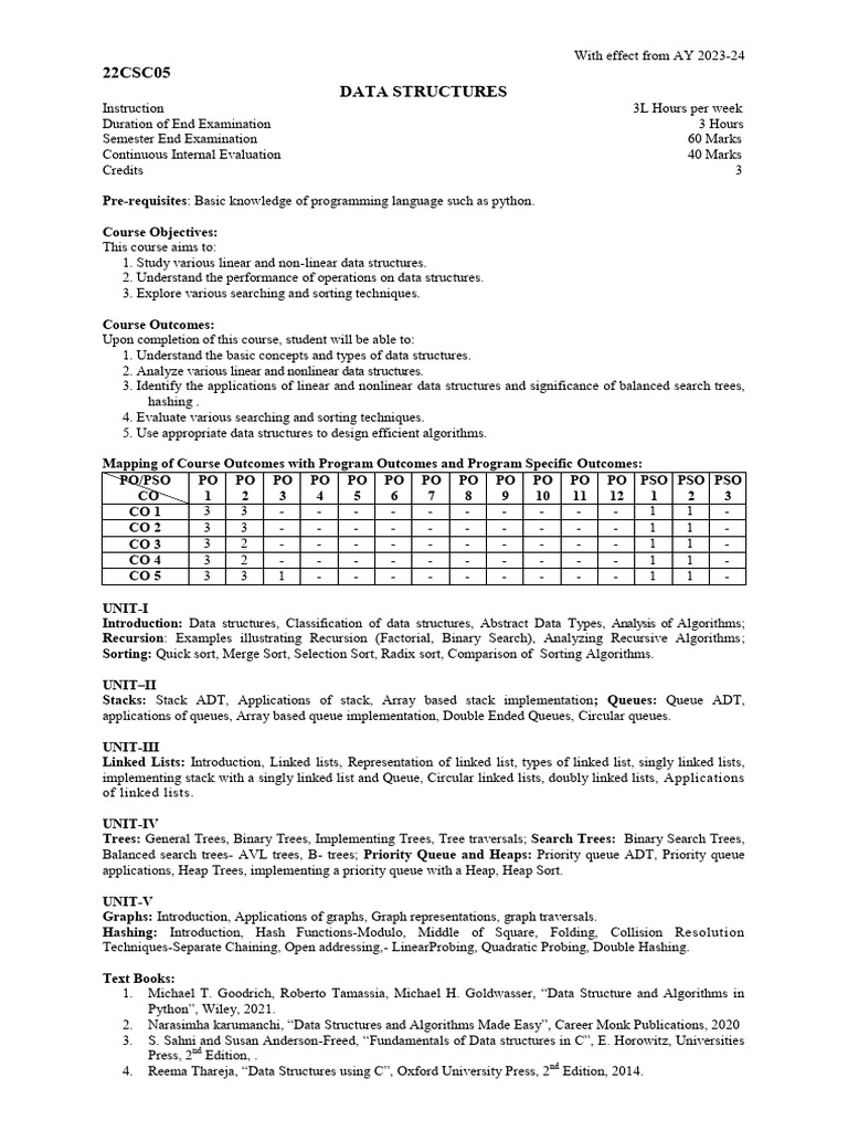 Data Structures Course Overview | PDF | Data Structure | Algorithms And ...
