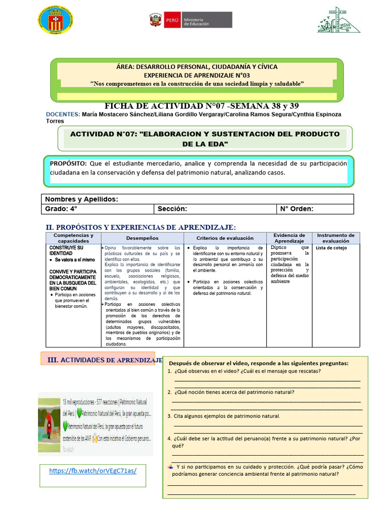 Semana 38-39 - 4°grado - Ficha de Aprendizaje N°07-Dpcc-Im | PDF | Entorno natural | Democracia