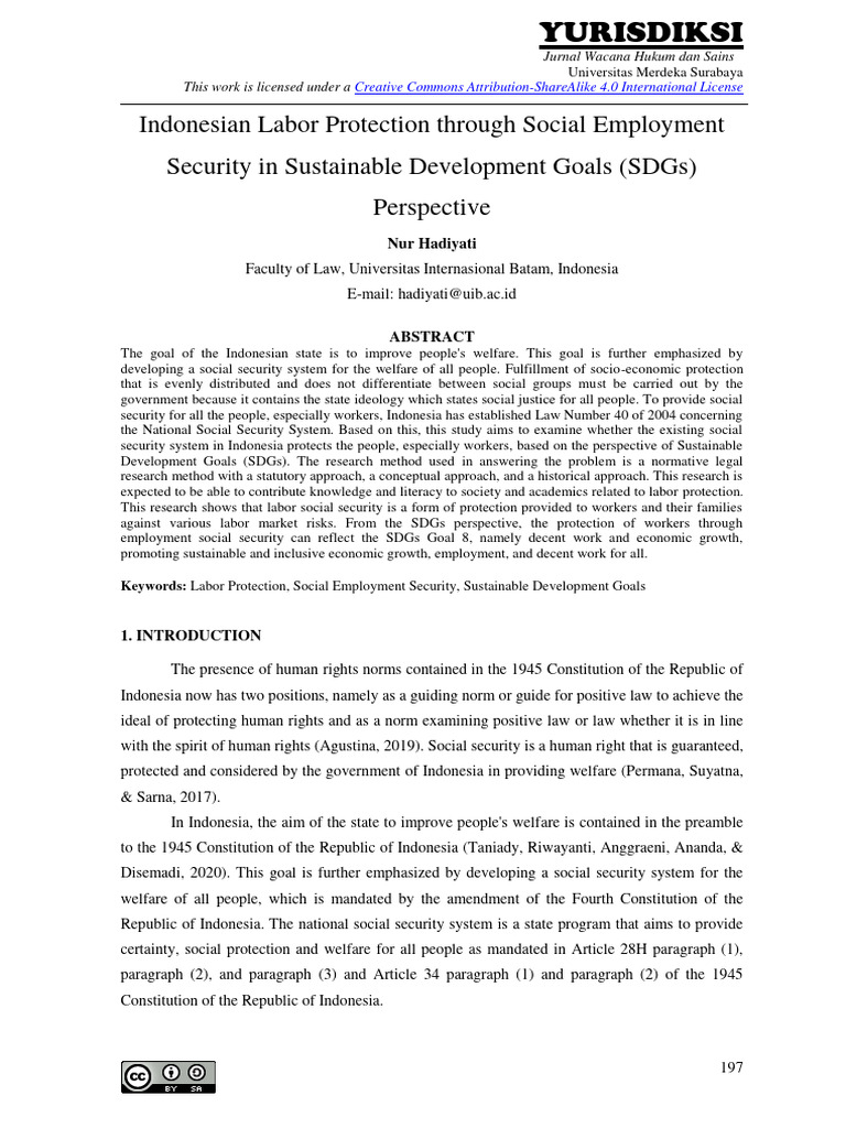 Indonesian Labor Protection Through Social Employment Security in Sustainable Development Goals ...