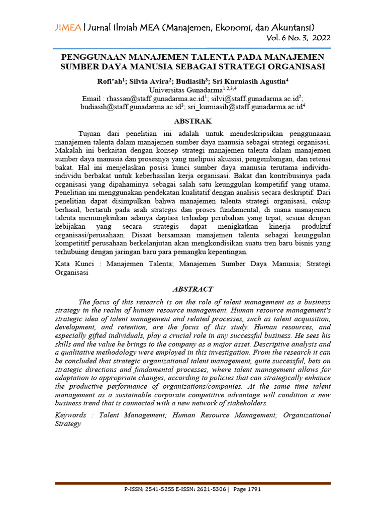 Jurnal Penggunaan Manajemen Talenta Pada Manajemen SDM Sebagai Strategi Organisasi | PDF