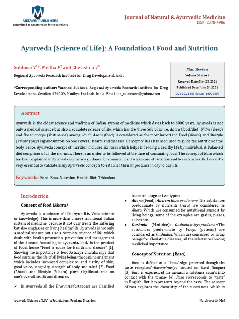 Ayurveda (Science of Life) A Foundation T Food and Nutrition | PDF ...