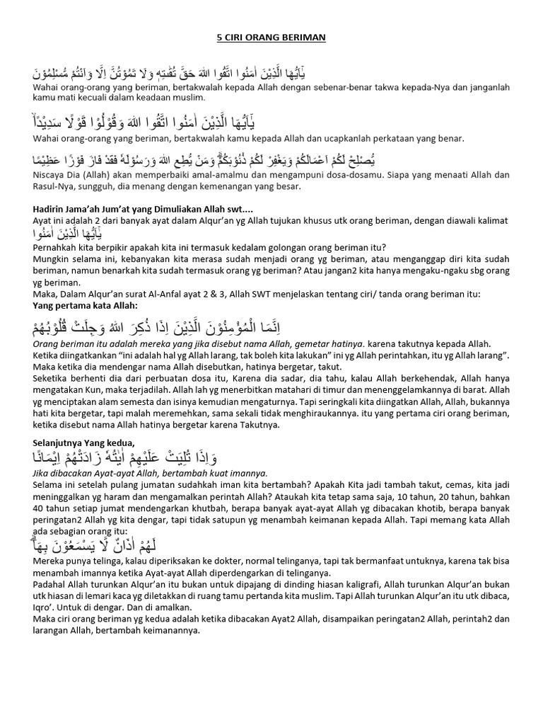 5 Ciri Orang Beriman dalam Al-Qur'an | PDF