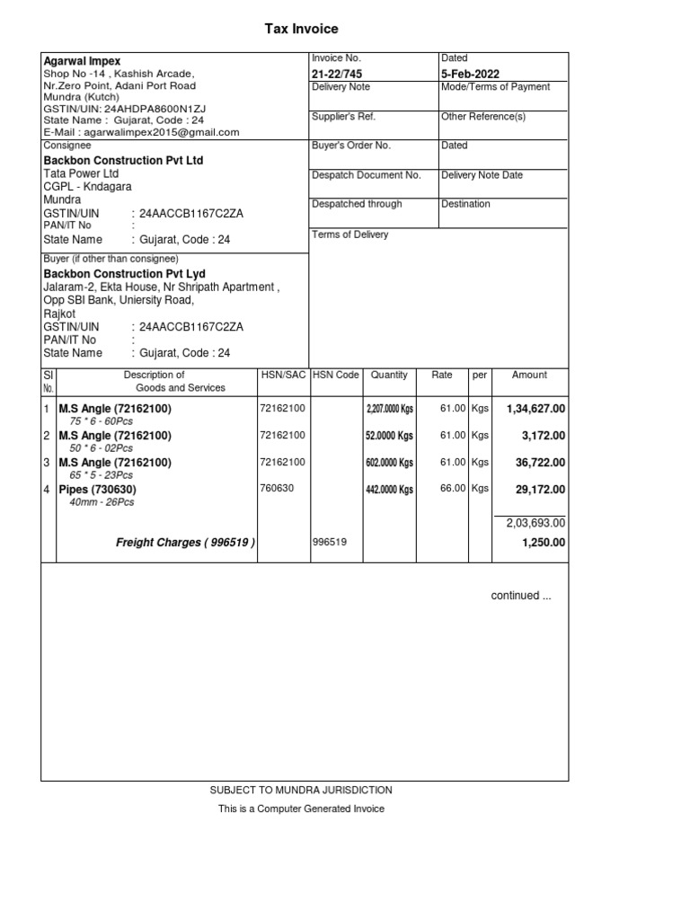 Tax Invoice: Agarwal Impex 21-22/745 5-Feb-2022 | Download Free PDF | Taxation | Government Finances