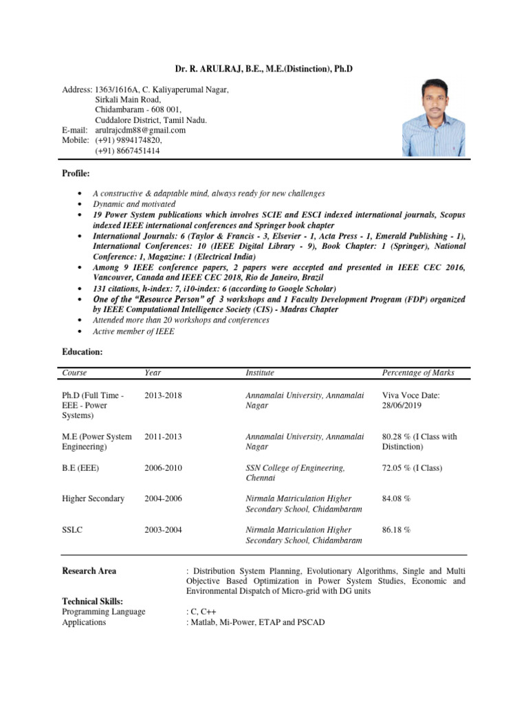 Dr.R.Arulraj Resume EEE | PDF | Distributed Generation | Engineering