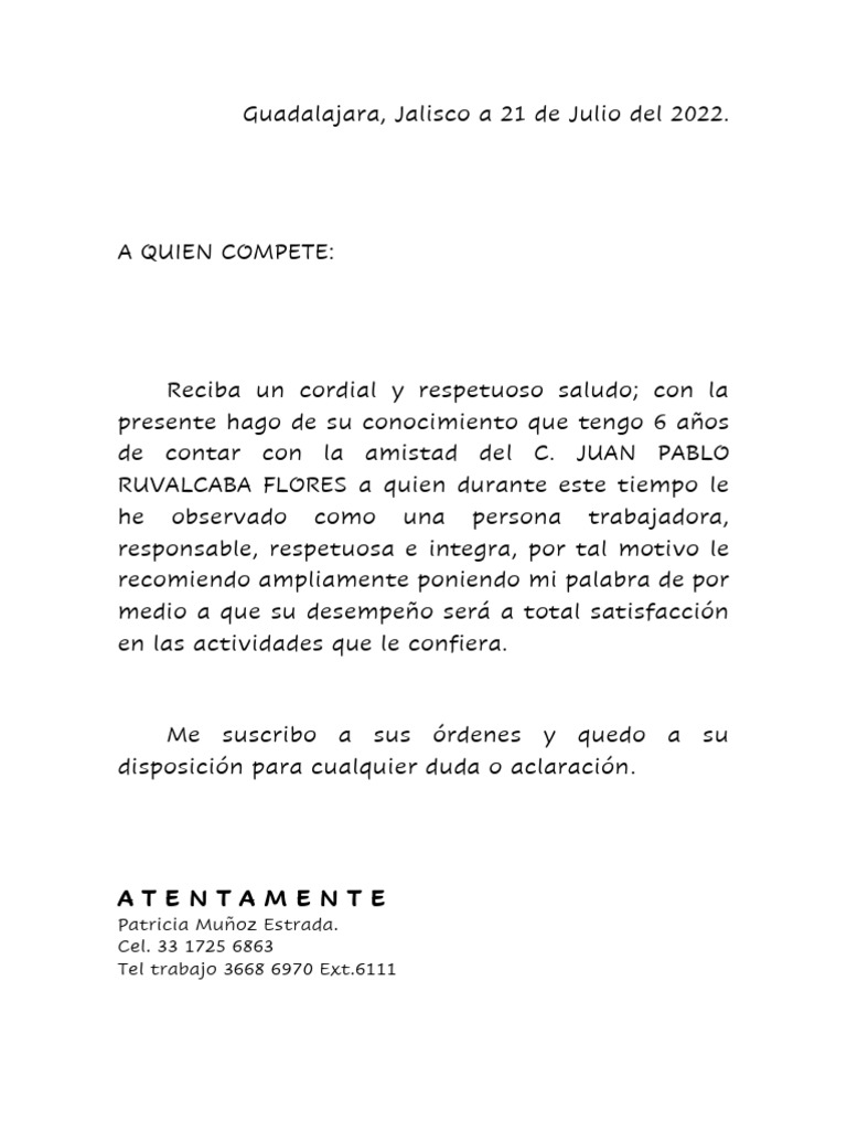 Carta Reco Personal Ejemplo | PDF