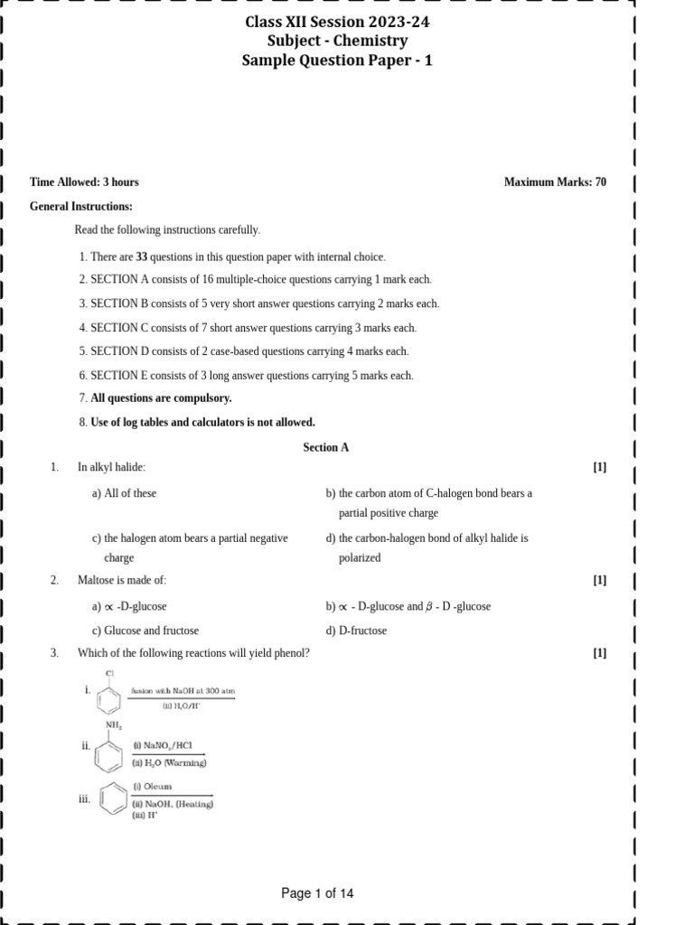 Chemistry Sample Paper - Preboard Class 12 | PDF | Physical Chemistry | Chemistry