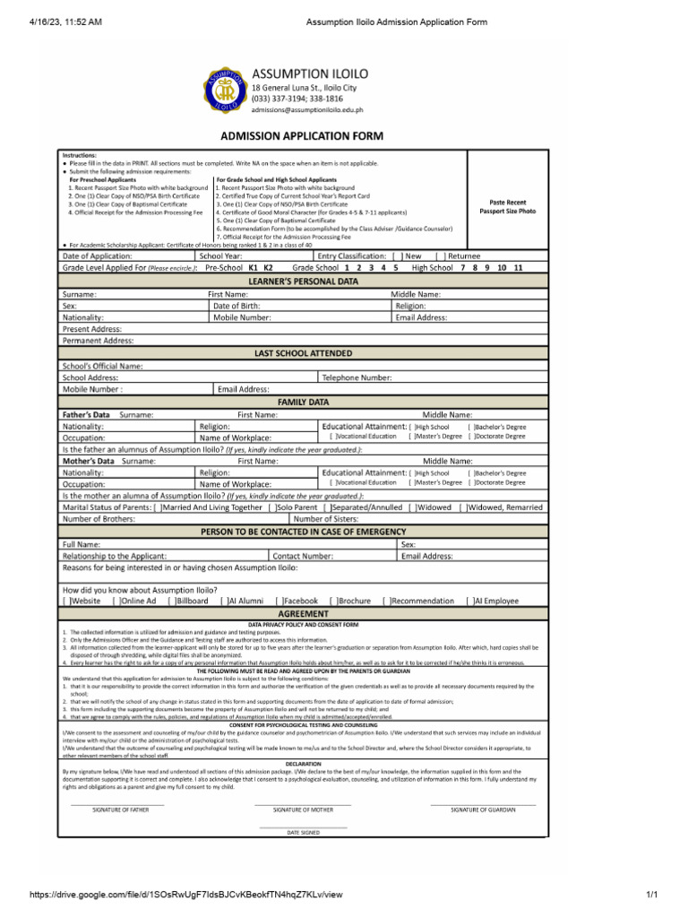 Assumption Iloilo Admission Application Form | PDF