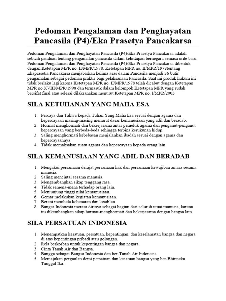 Pedoman Pengalaman Dan Penghayatan Pancasila (P4) Eka Prasetya Pancakarsa | PDF