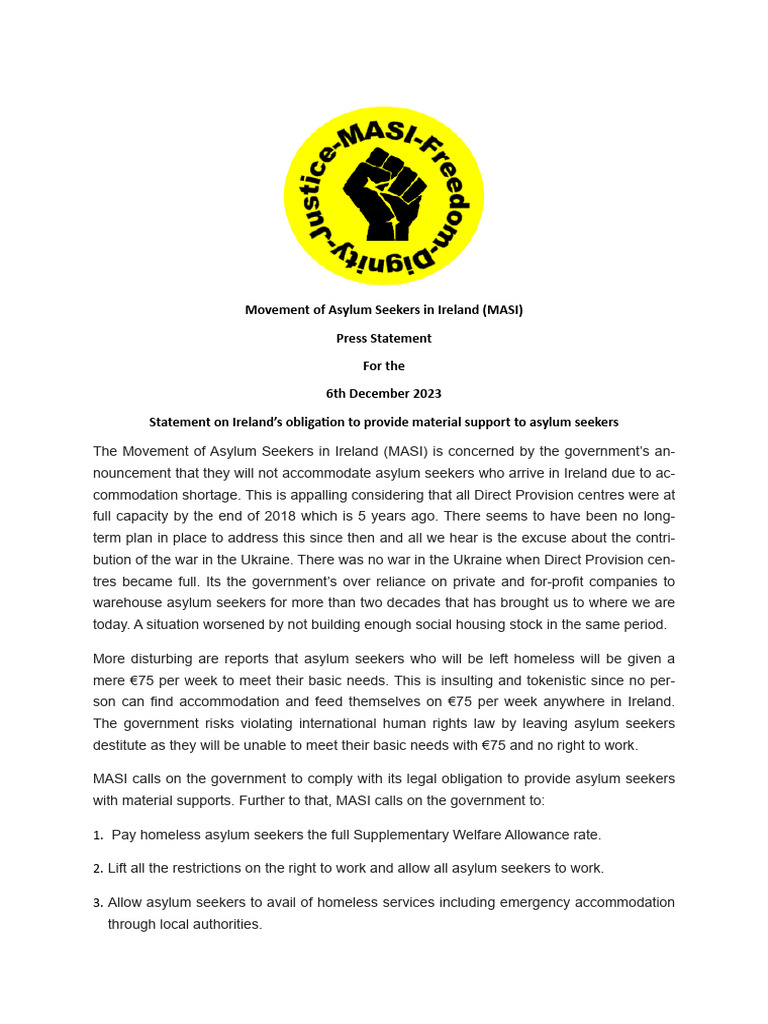 Masi Statement on Homeless Asylum Seekers | PDF | Asylum Seeker | Right ...