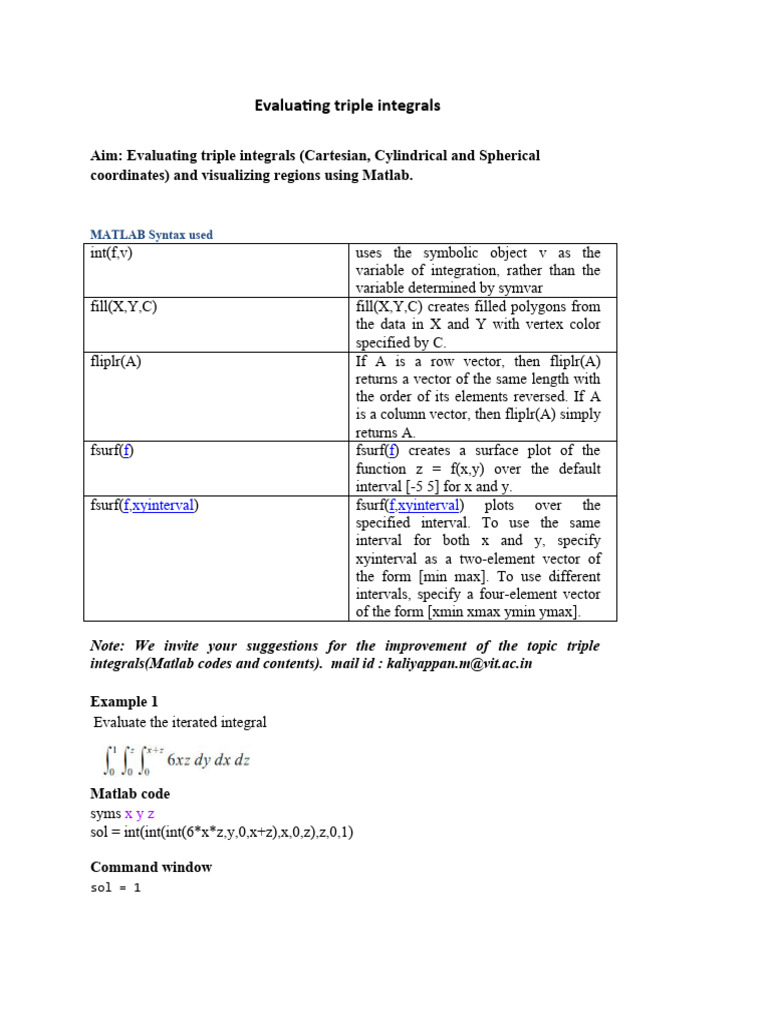 9.triple Integrals - Matlab | PDF | Integral | Cartesian Coordinate System 9.triple Integrals - Matlab | PDF | Integral | Cartesian Coordinate System