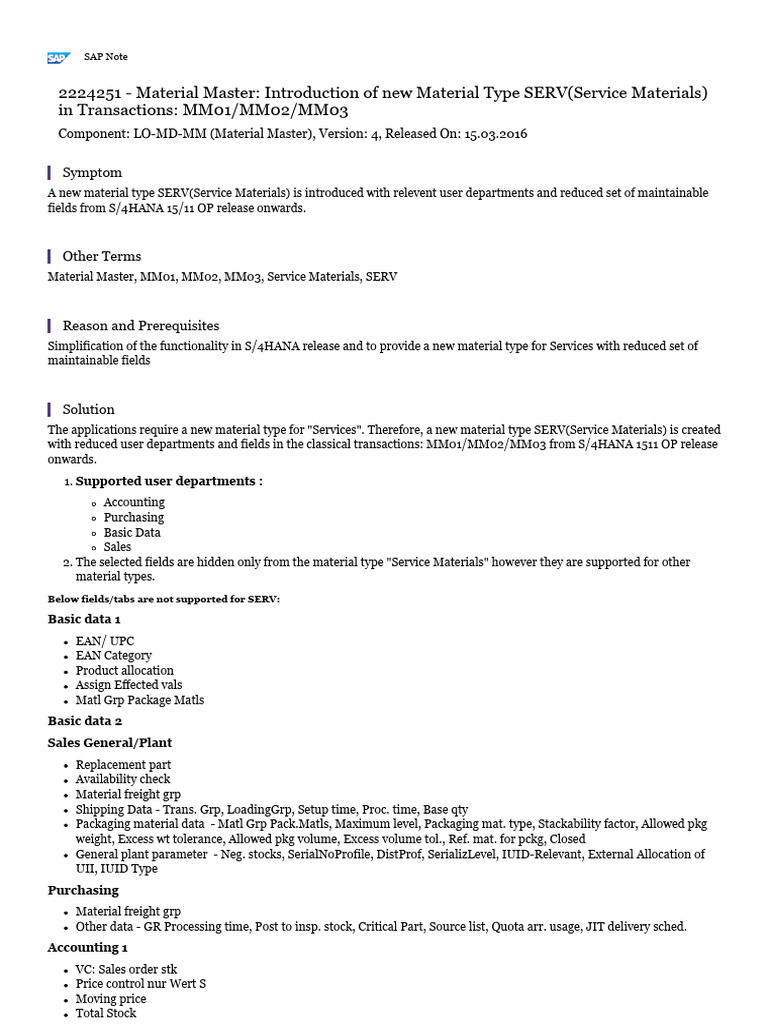 New SERV Material Type in SAP S/4HANA | PDF | Computing | Information ...