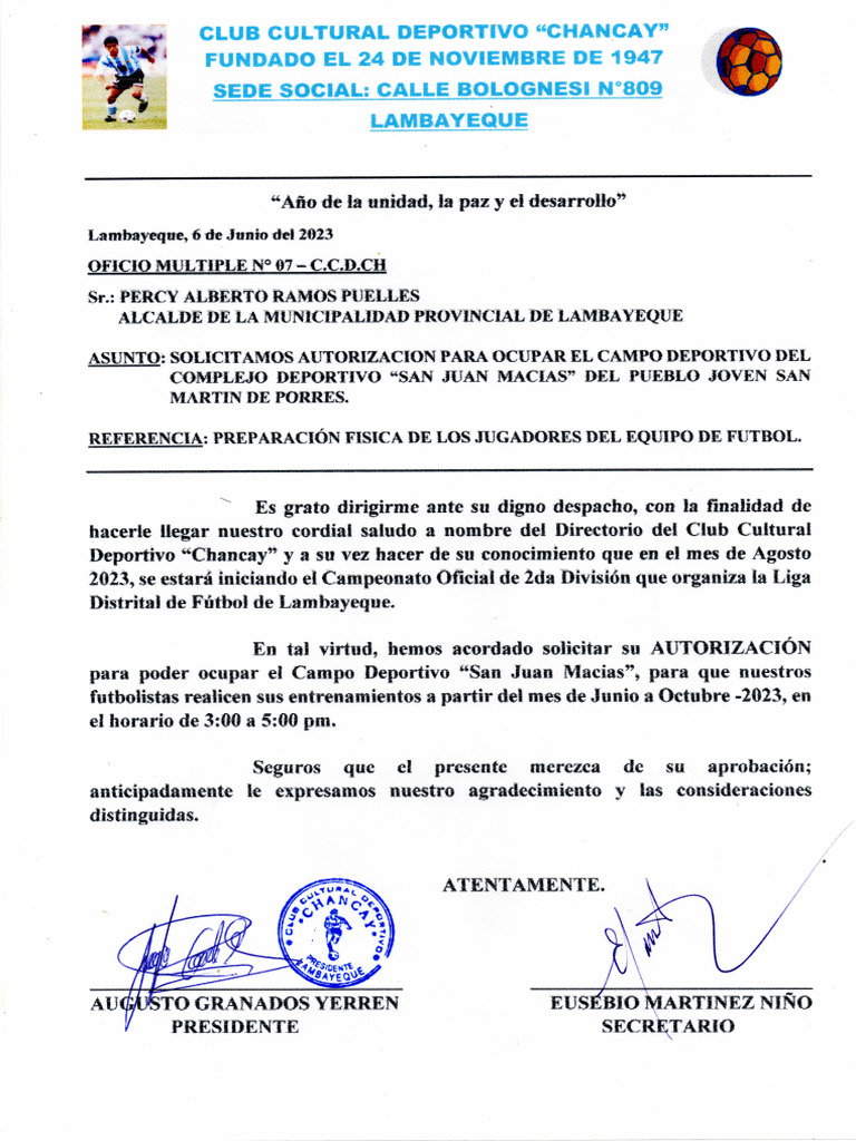 Solicitud Para Campo Deportivo San Juan Macias - Club Deportivo Chancay ...