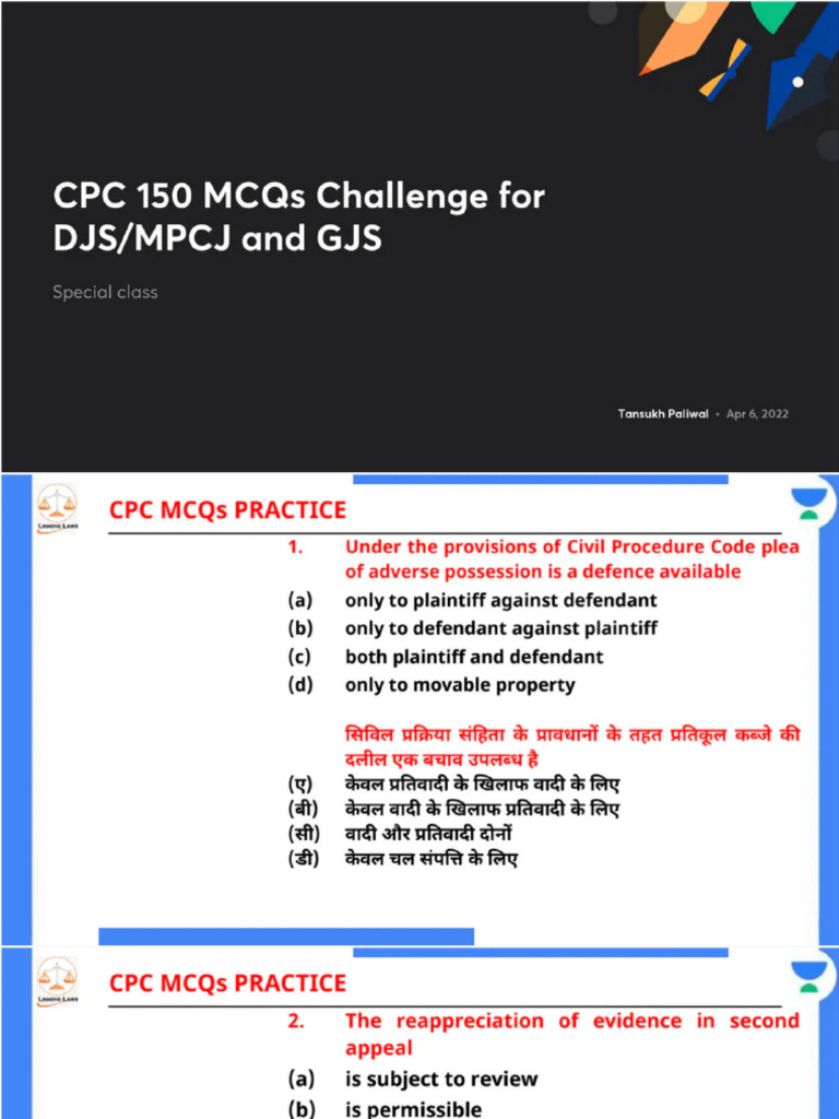 CPC 150 MCQs Challenge for DJSMPCJ and GJS No Anno | PDF