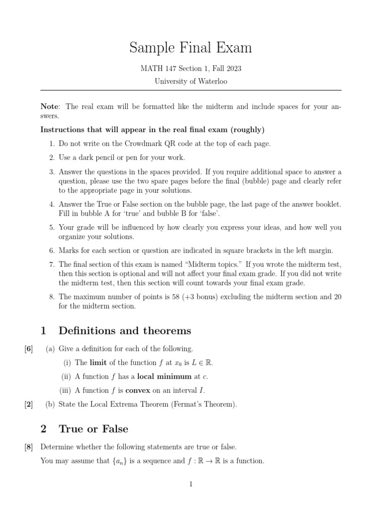 MATH 147 001 F23 Sample Final | PDF | Function (Mathematics) | Derivative