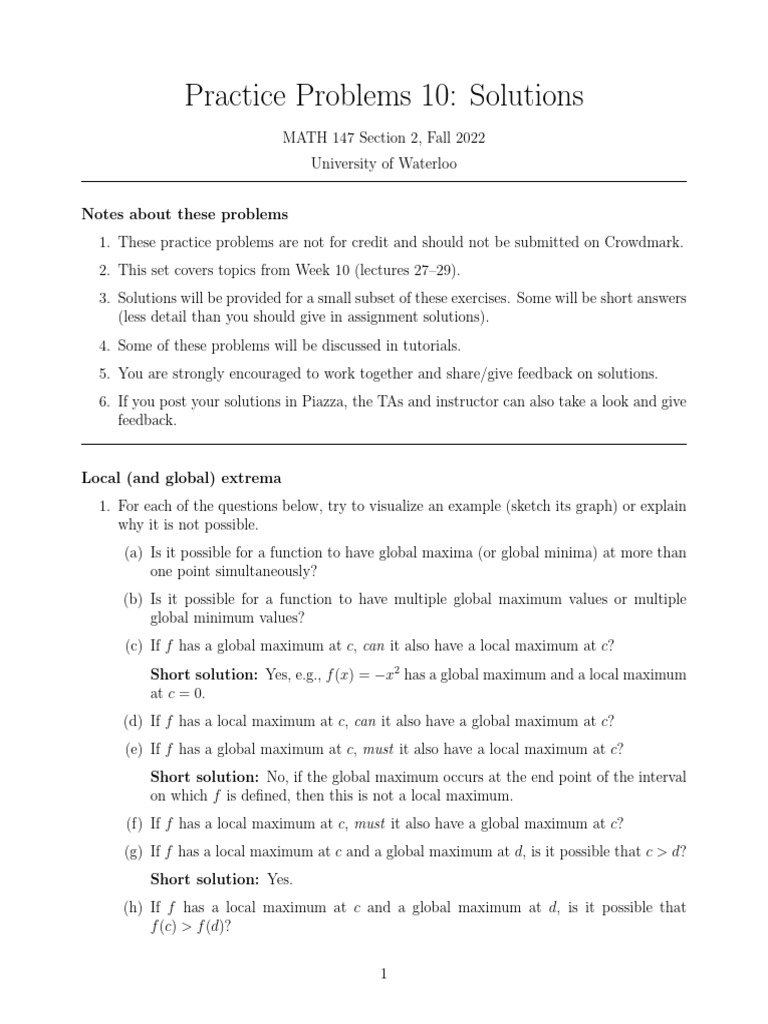 MATH 147 Practice 10 Solutions | PDF | Mathematical Objects | Calculus
