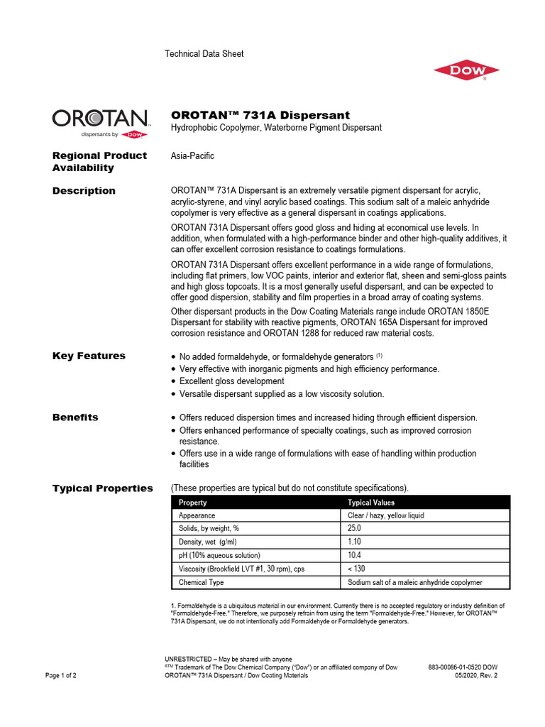 A-173 Orotan-731a-Dispersant-Tds | PDF | Paint | Coating