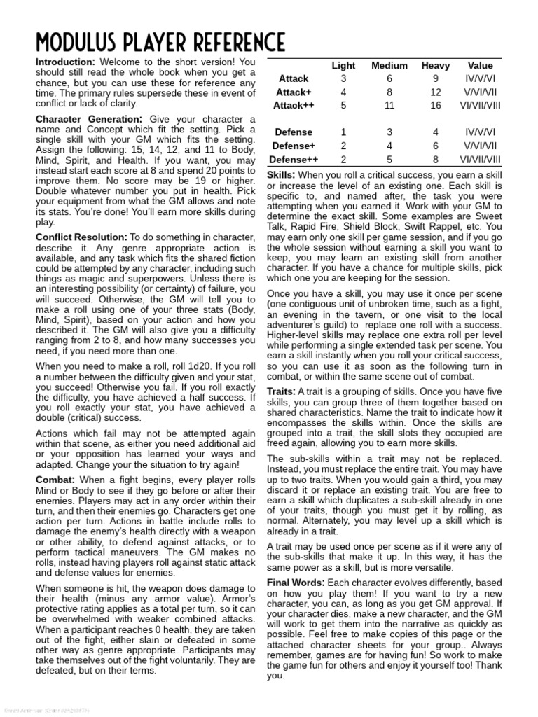 Modulus Quick Start and Character Sheet Packet | PDF