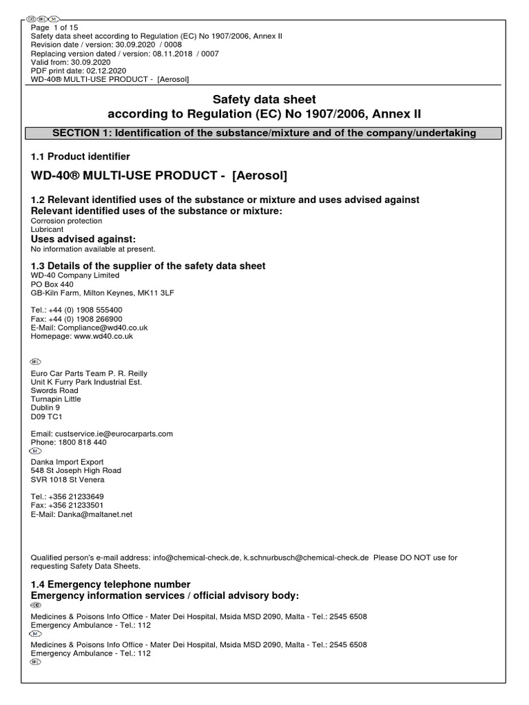 SDS WD40 | PDF | Toxicity | Safety