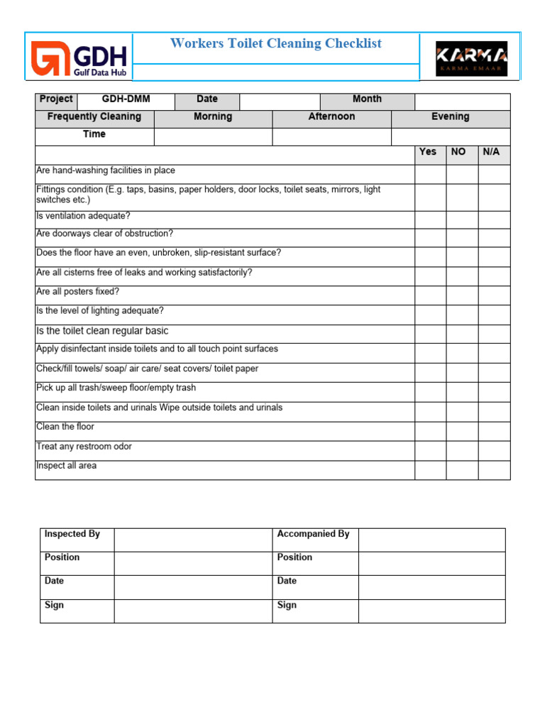 Workers Toilet Cleaning Checklist | PDF