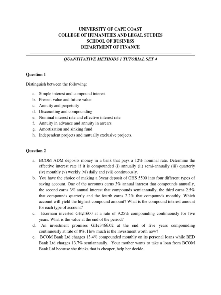 Tutorial Set 4 2018 | PDF | Interest | Loans