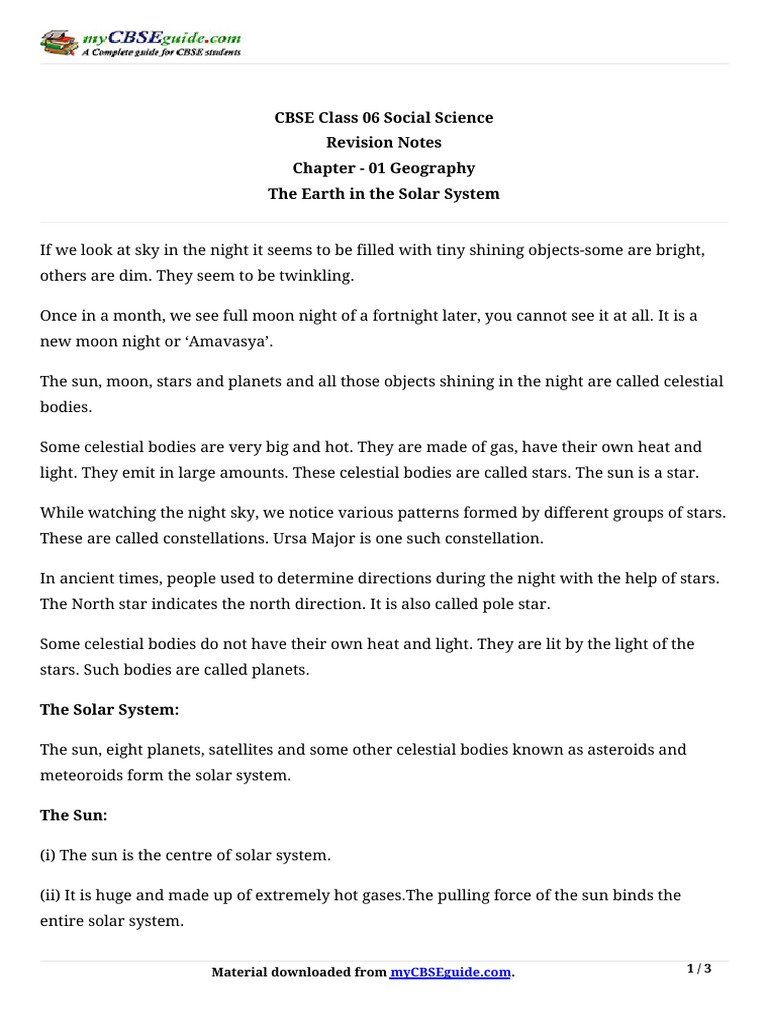 06 Social Science Geo Key Notes ch01 The Earth in The Solar System PDF ...