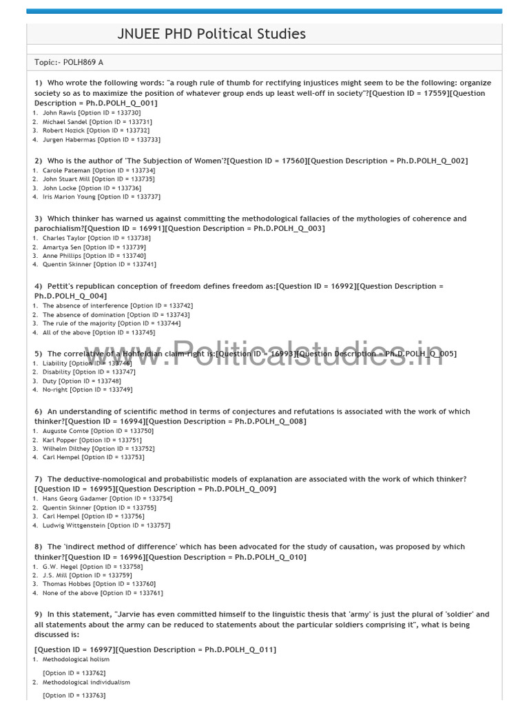 JNUEE PhD Political Studies Questions | PDF | Politics | History