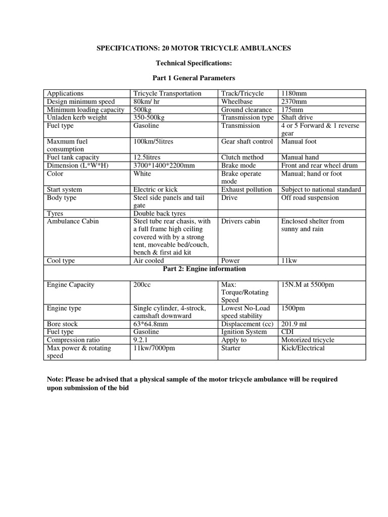 Motor Tricycle Ambulance Specifications | PDF | Manual Transmission ...