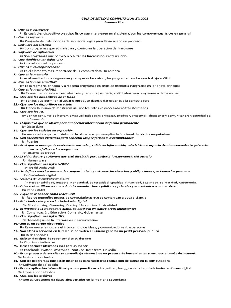 Guia de Estudio Exa Final 1°s 2023 | PDF | Hardware de la computadora | Almacenamiento de datos ...