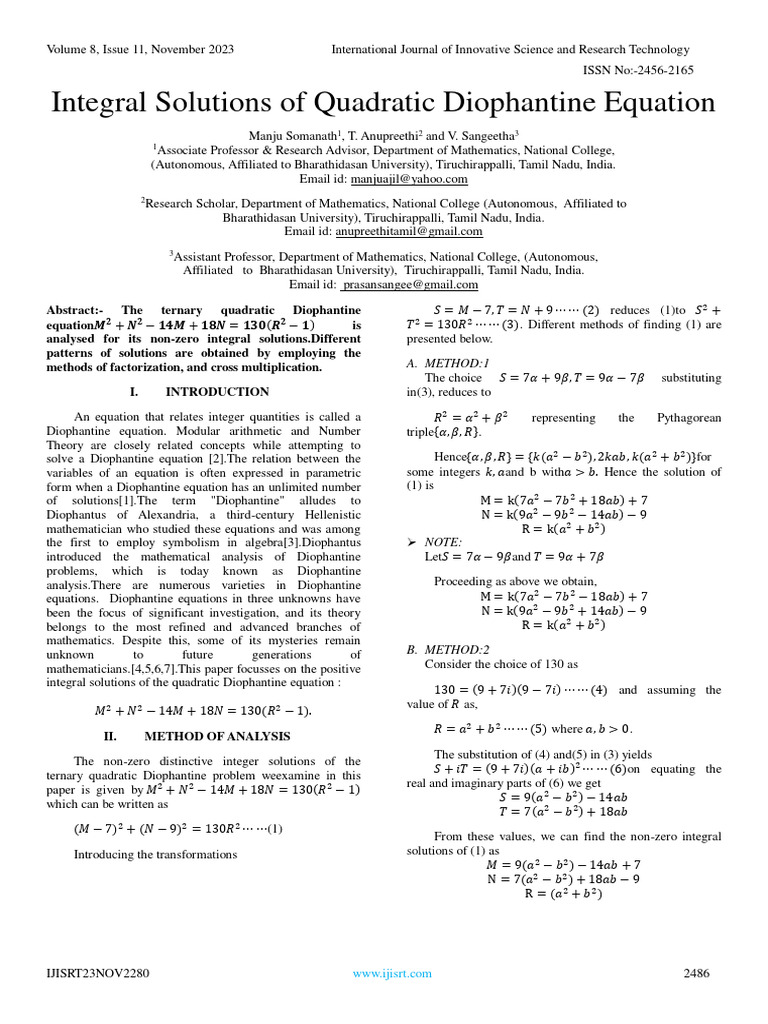 Integral Solutions Of Quadratic Diophantine Equation Pdf Equations Mathematical Objects