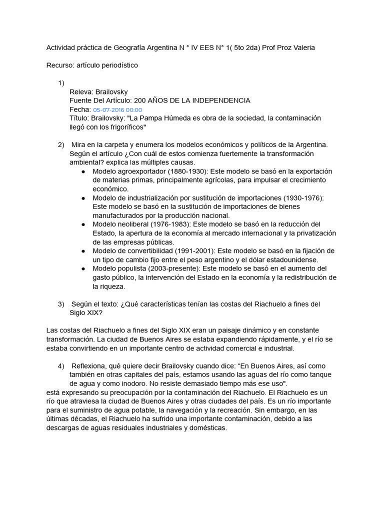 Actividad Práctica de Geografía Argentina N ° IV EES #1 (5to 2da) Prof Proz Valeria | PDF ...