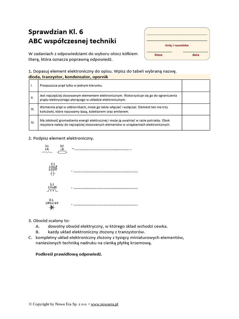 Technika Kl.6 Sprawdzian ABC Wspolczesnej Techniki. | PDF