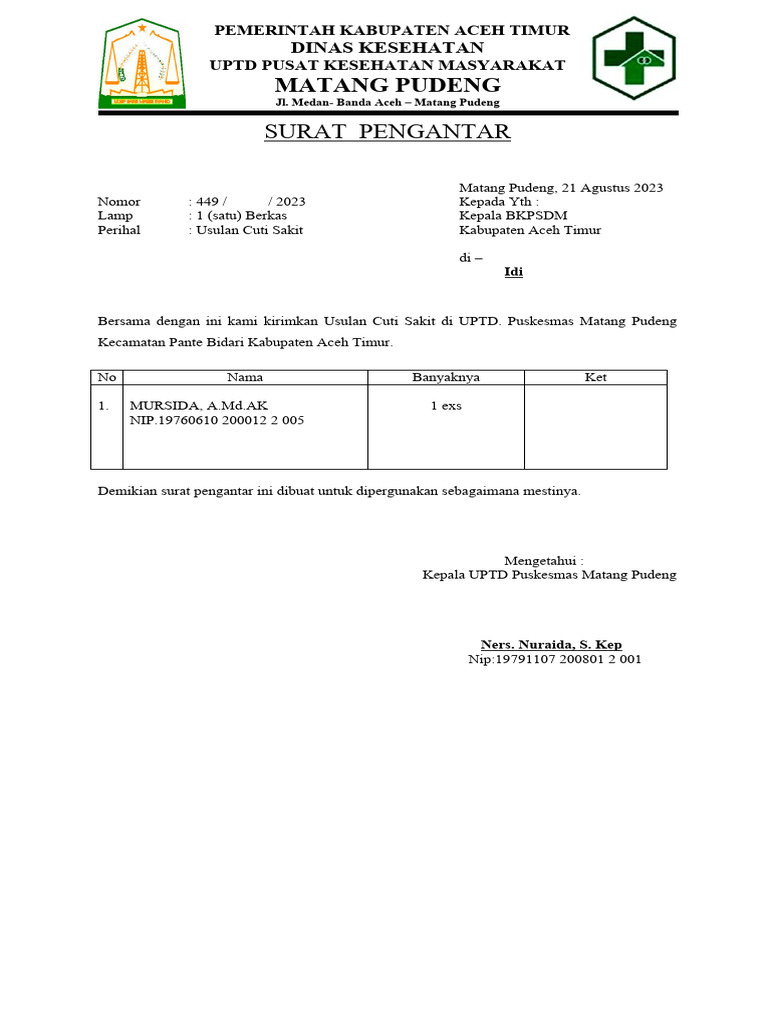 Surat Pengantar UPTD Puskesmas Matang Pudeng | PDF