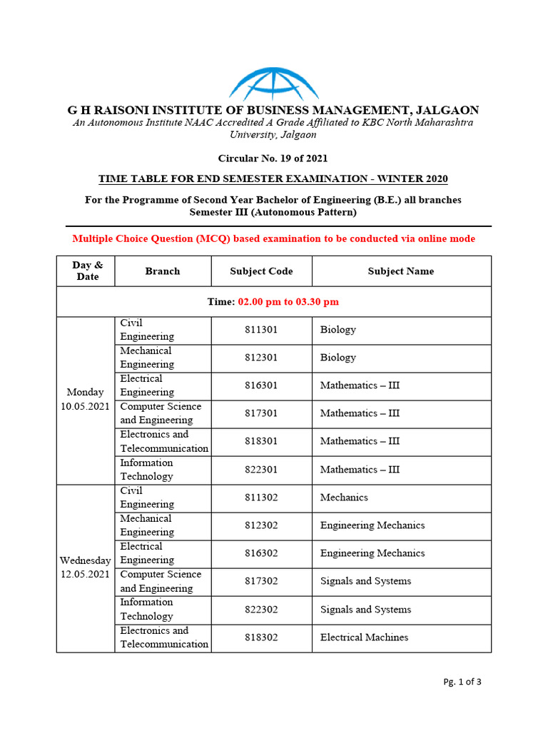 GHRIBM Winter 2020 Exam Schedule | PDF | Engineering | Electrical ...