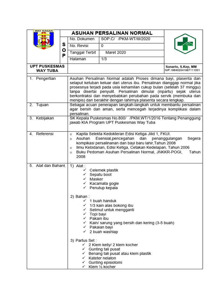 Sop Asuhan Persalinan Normal | PDF