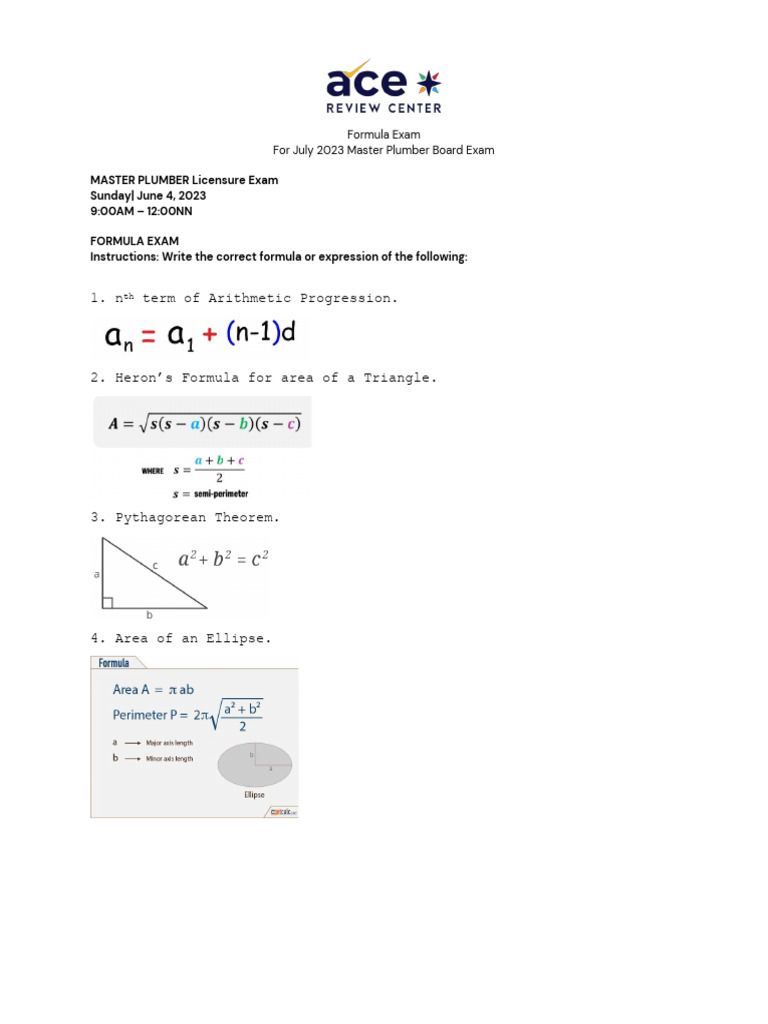 Master Plumber Exam Formula Guide | PDF | Area | Ellipse