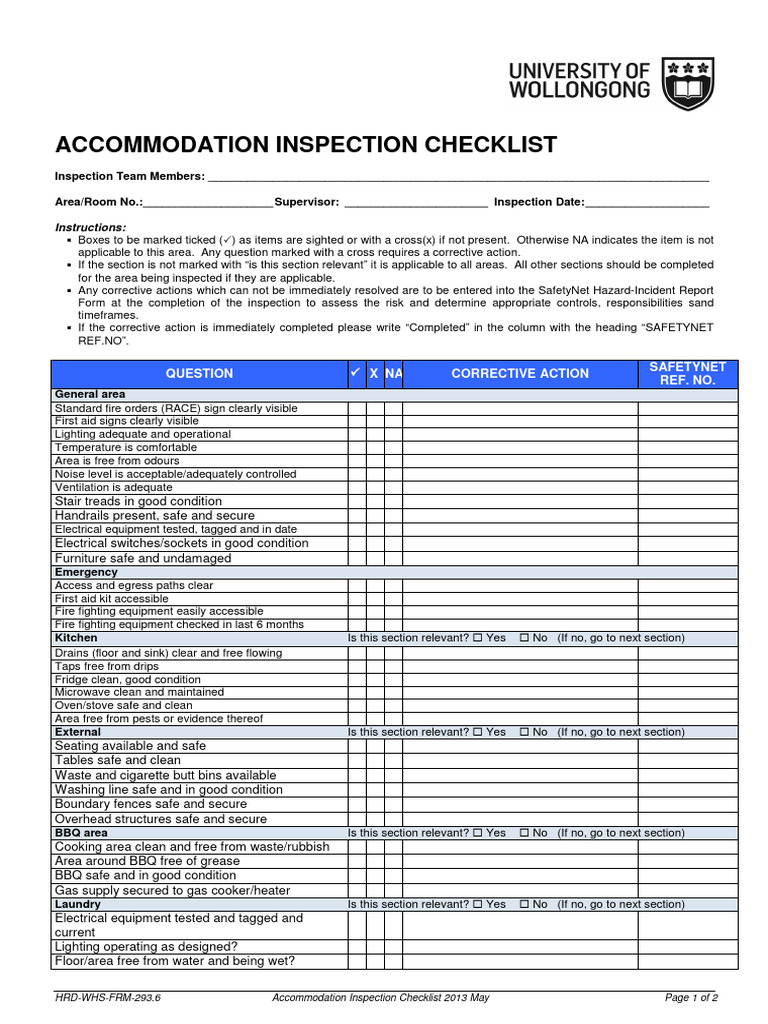 ACCOMMODATION INSPECTION CHECKLIST - Staff | PDF | Kitchen Stove ...