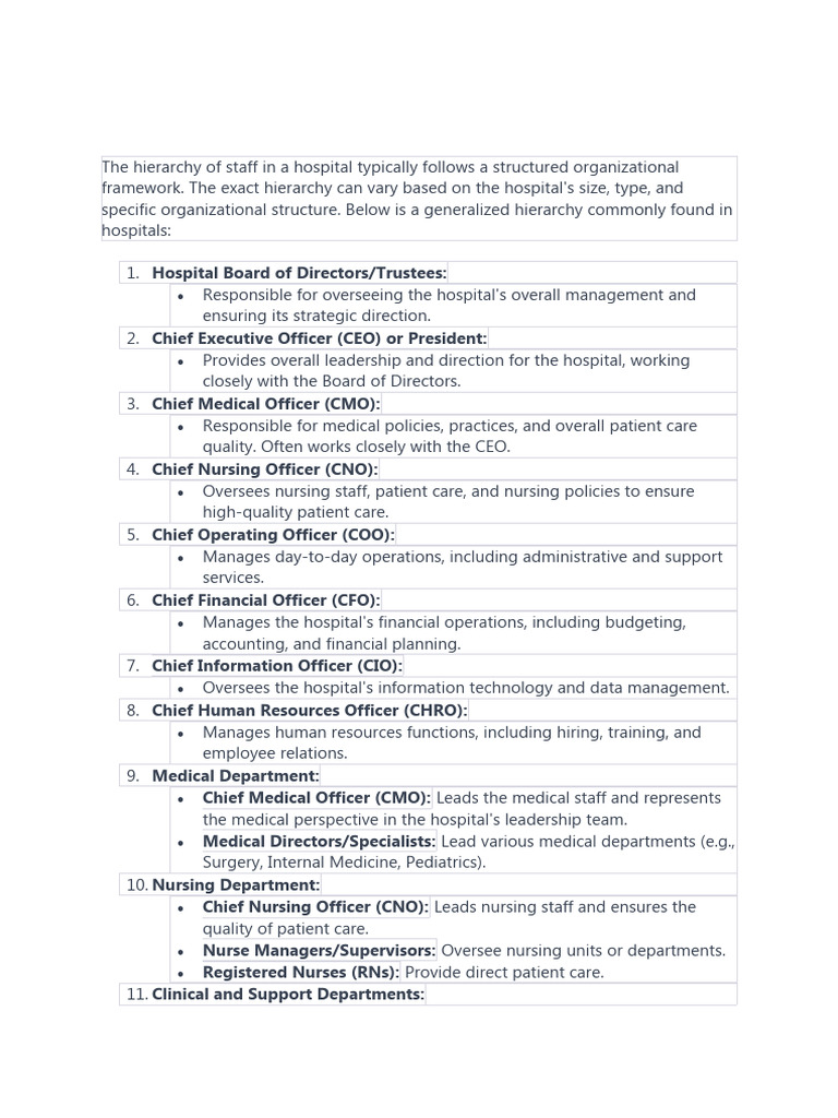 The Hierarchy of Staff in A Hospital Typically Follows A Structured ...
