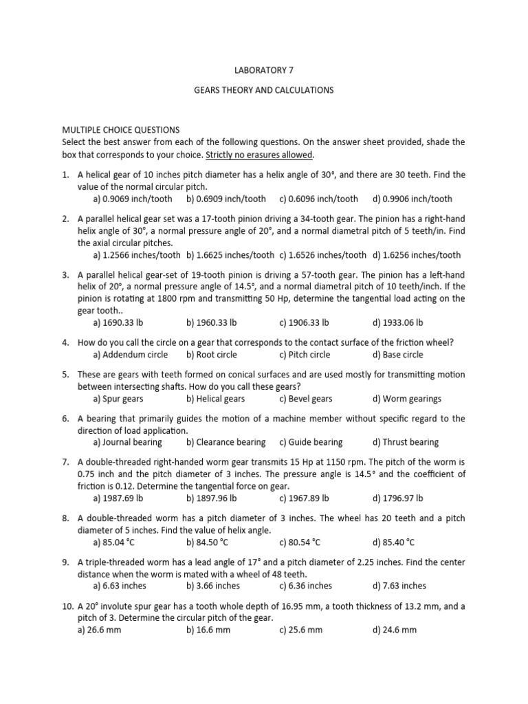 LABORATORY Experiment# 07 Gears Theory and Calculations FE | PDF | Gear ...