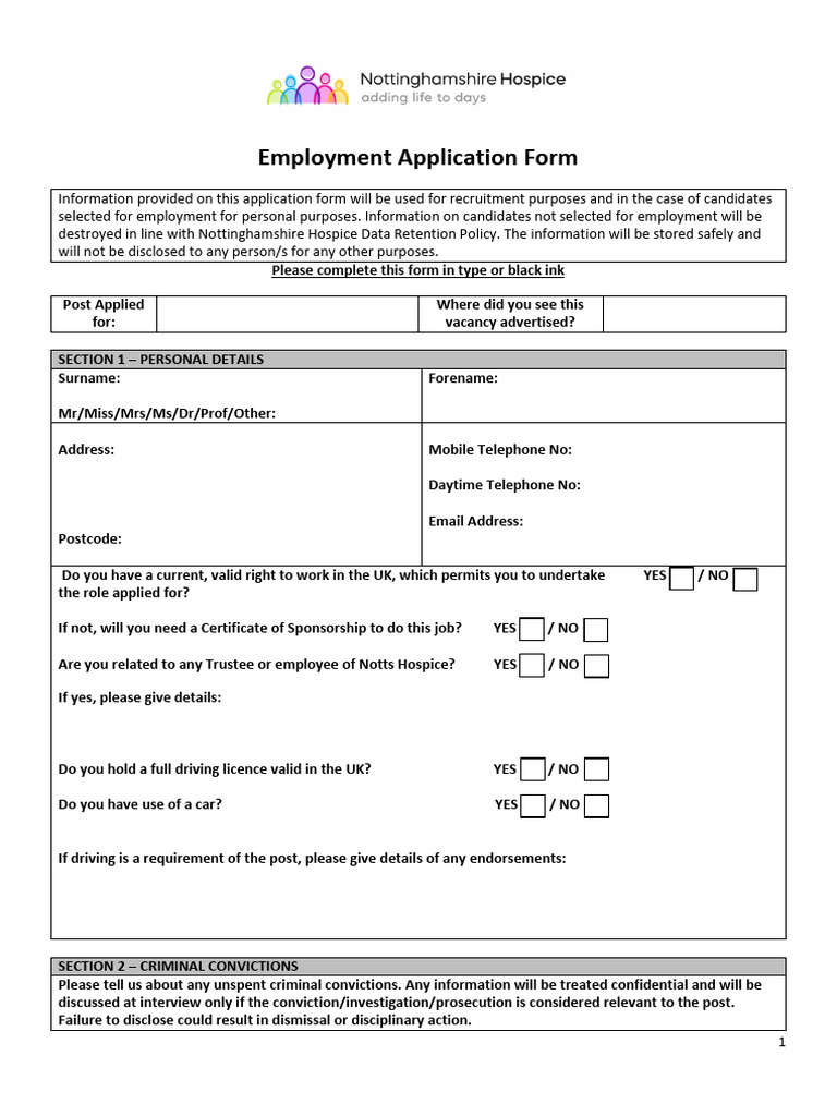 Nottinghamshire Hospice External Employment Application Form 2021 | PDF | Disability