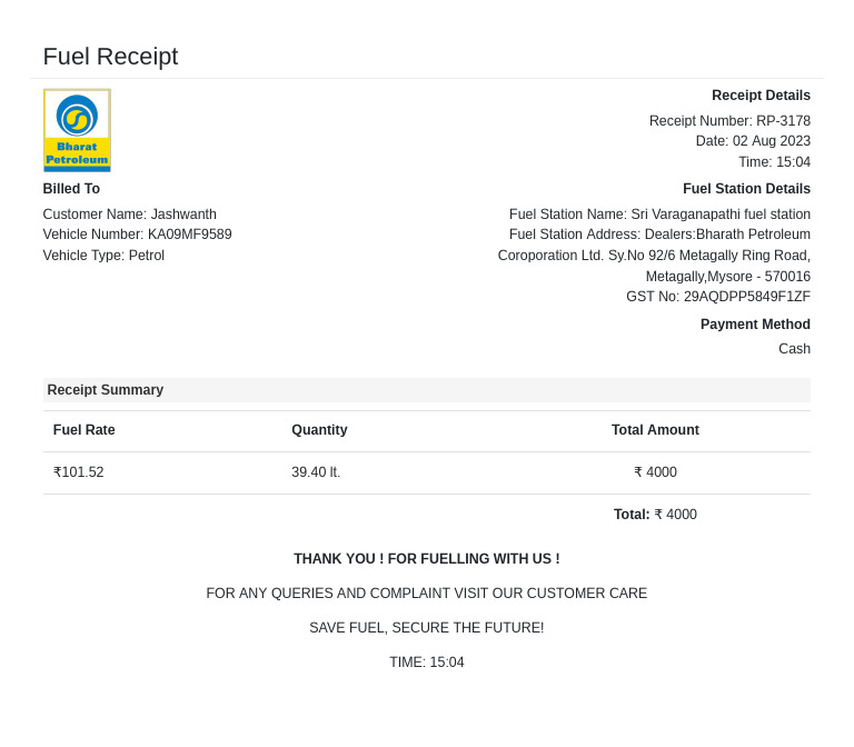 Petrol Fuel Receipt - Jashwanth | PDF