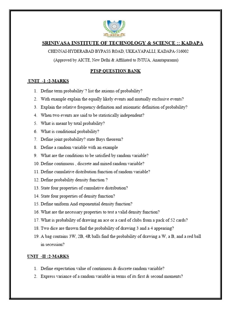 12.ptsp Question Bank | PDF | Probability Distribution | Random Variable