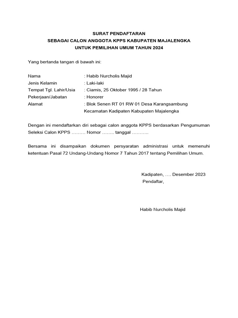 LAMPIRAN I. Format Surat Pendaftaran Sebagai Calon Anggota KPPS | PDF