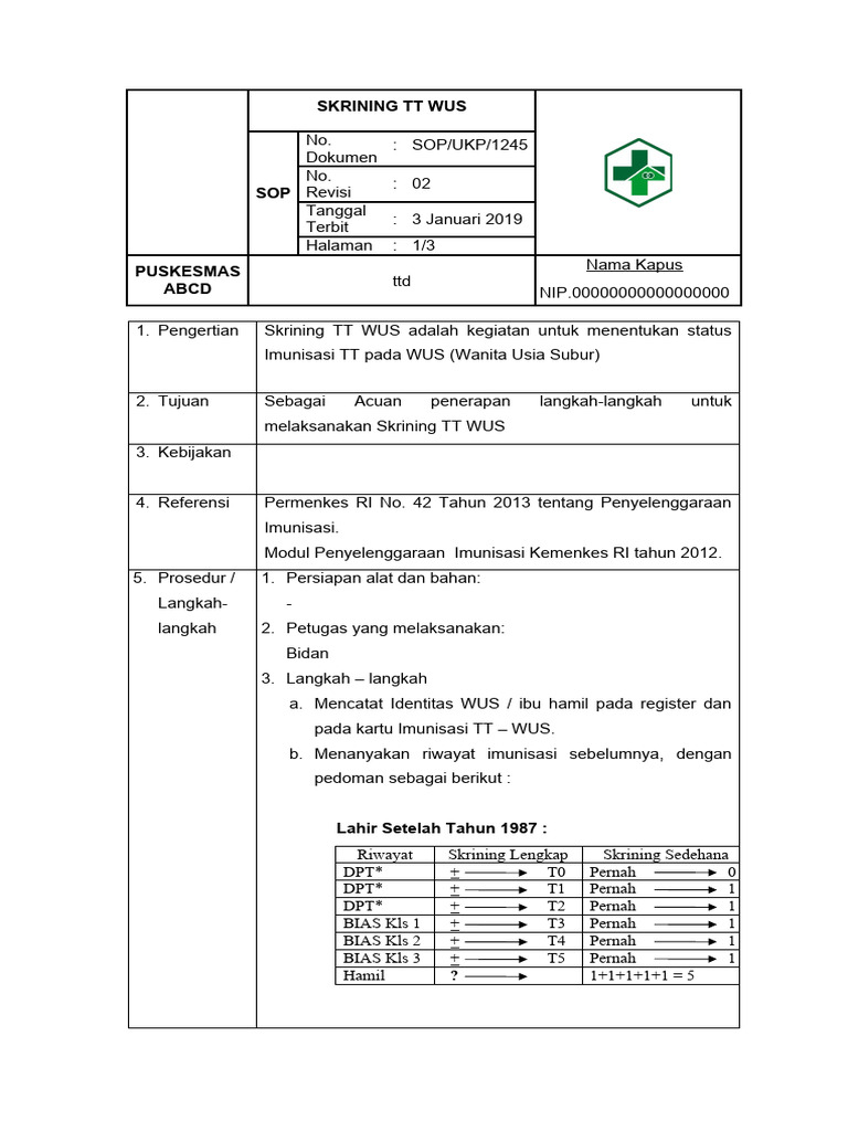 Sop Skrining TT Wus 2023 S | PDF